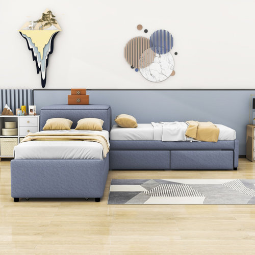 Latitude Run® Twin Size 2 Drawers Upholstered L Shaped Platform Beds